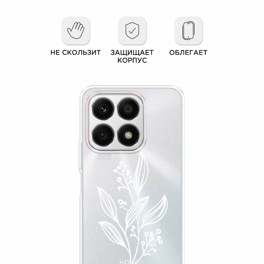 Чехол на Honor X8A / Хонор X8A с принтом "Ветка с листочками и цветами", прозрачный — фото 1