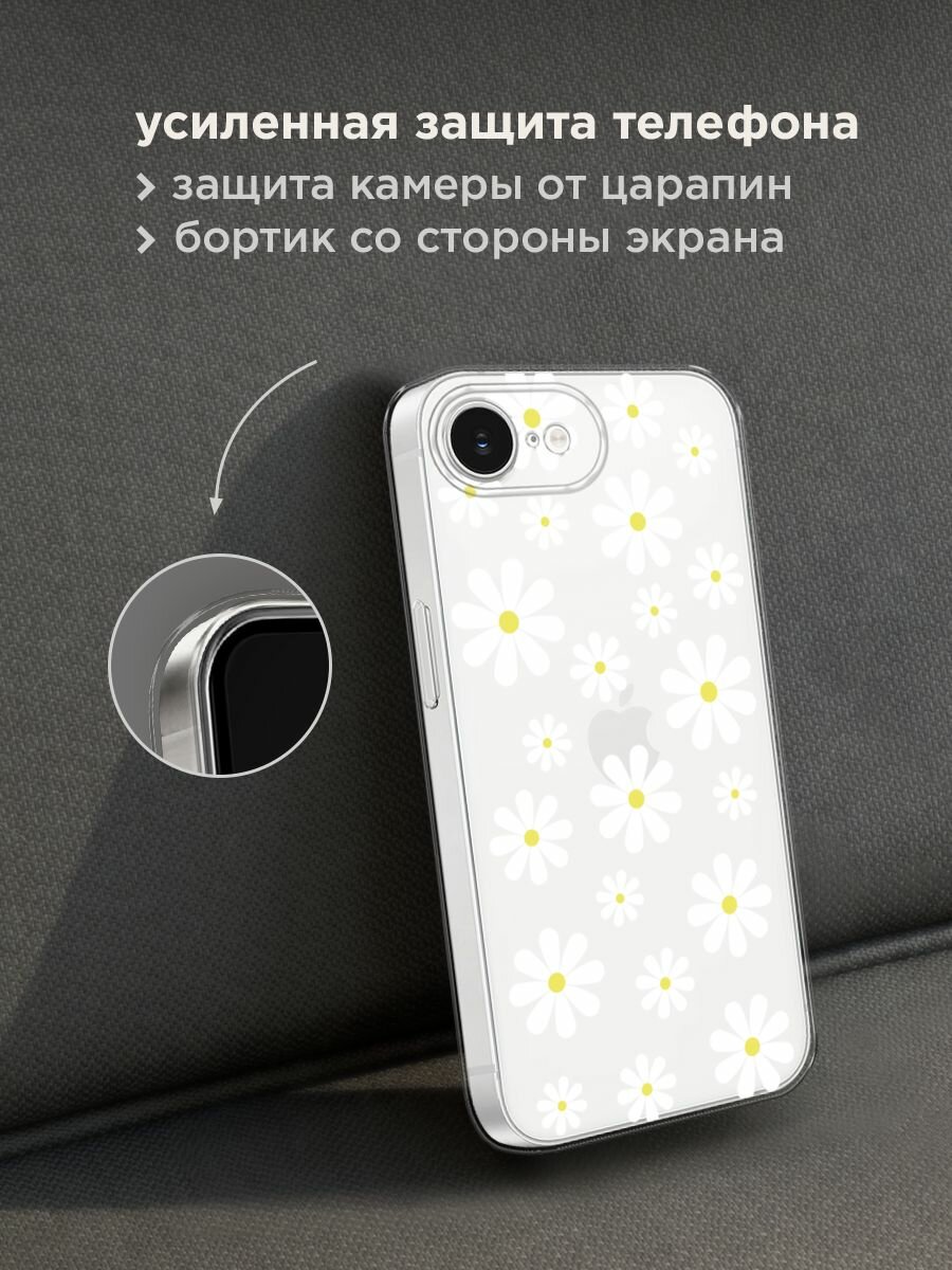 Чехол на Apple iPhone 16e/17e / Айфон 16е/17e с принтом "Большие ромашки", прозрачный — фото 1