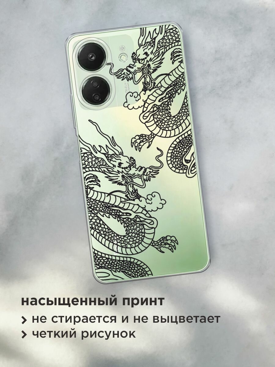 Чехол на Xiaomi Redmi 13C/Poco C65 / Сяоми Редми 13C/Поко С65 с принтом "Два китайских дракона", прозрачный — фото 1
