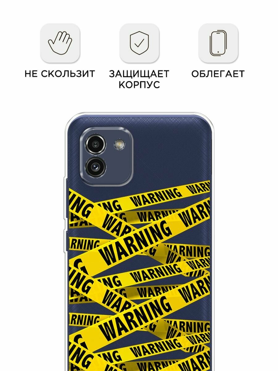 Чехол на Samsung Galaxy A03 / Самсунг Галакси А03 с принтом "Warning!", прозрачный — фото 1