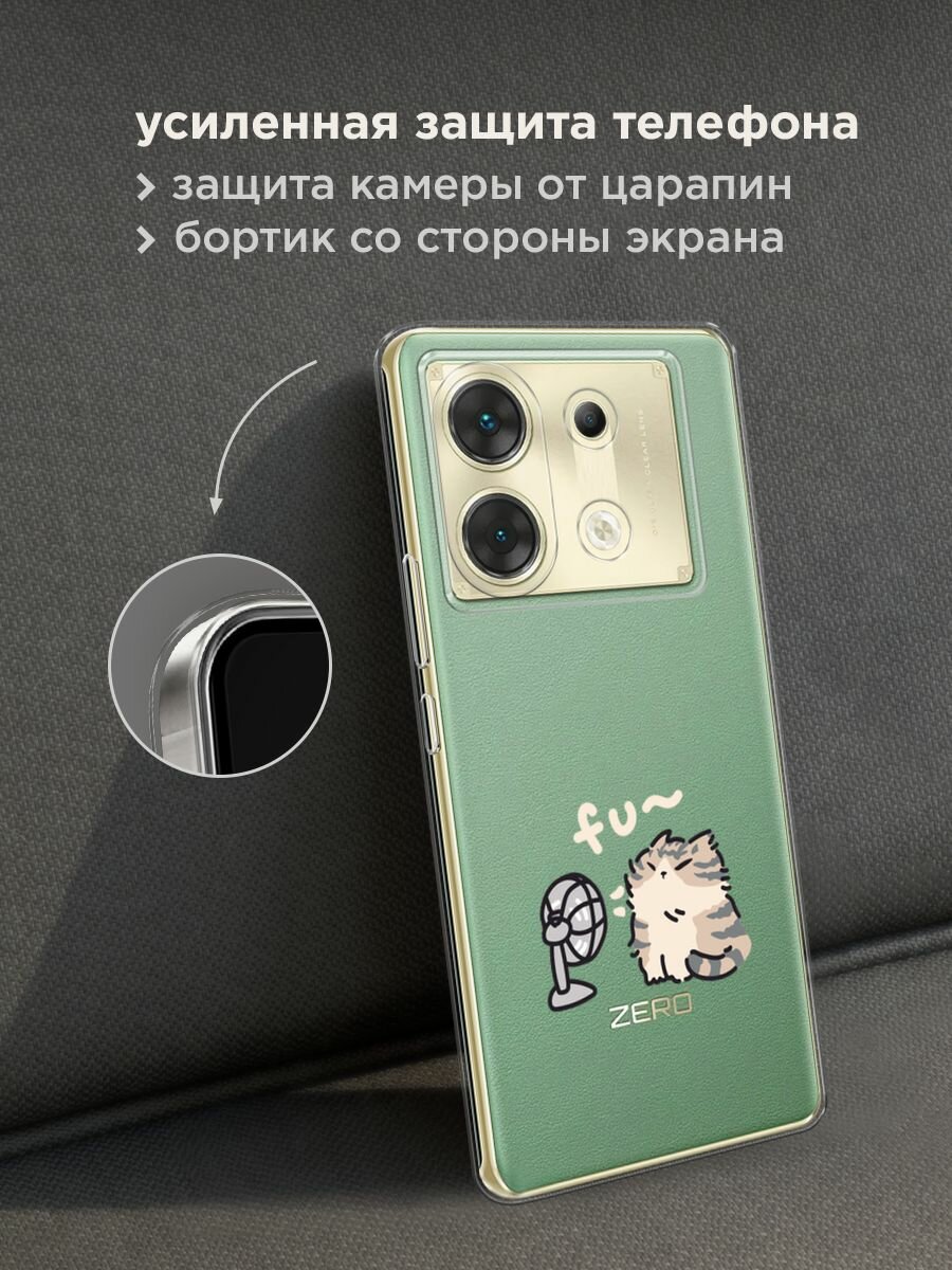 Чехол на Infinix Zero 30 5G / Инфиникс Зеро 30 5G с принтом "Котик с вентилятором", прозрачный — фото 1