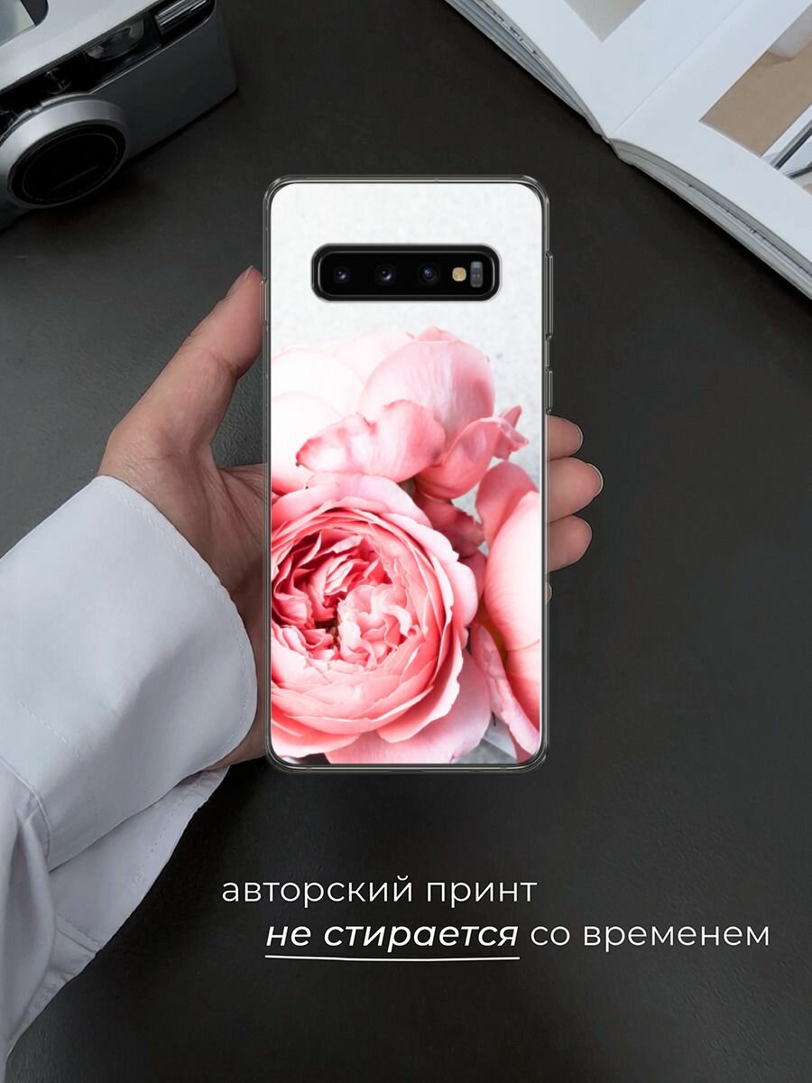 Чехол на Samsung Galaxy S10 + / Самсунг Галакси S10 Плюс с принтом "Пионы на белом" — фото 1