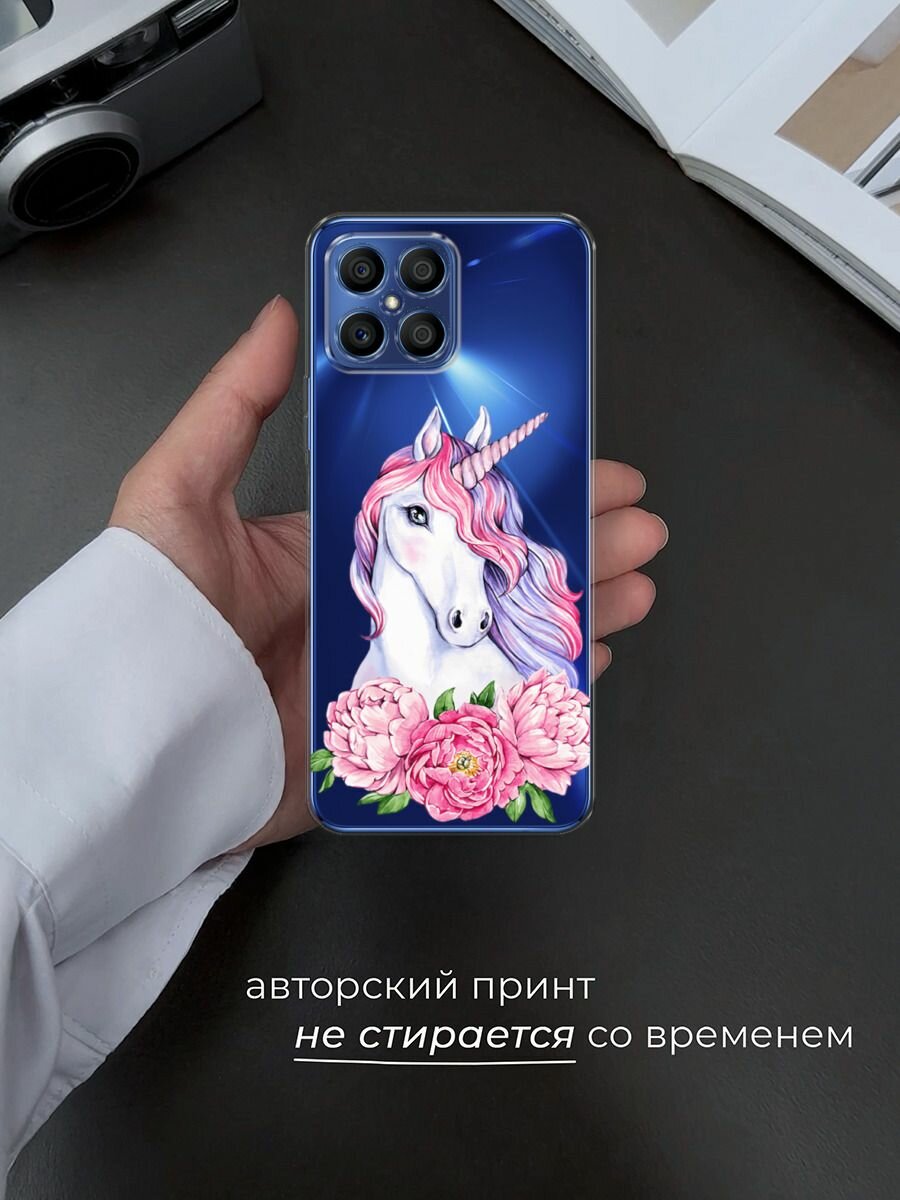 Чехол на Honor X8 / Хуавей X8 с принтом "Единорог с пионами", прозрачный — фото 1