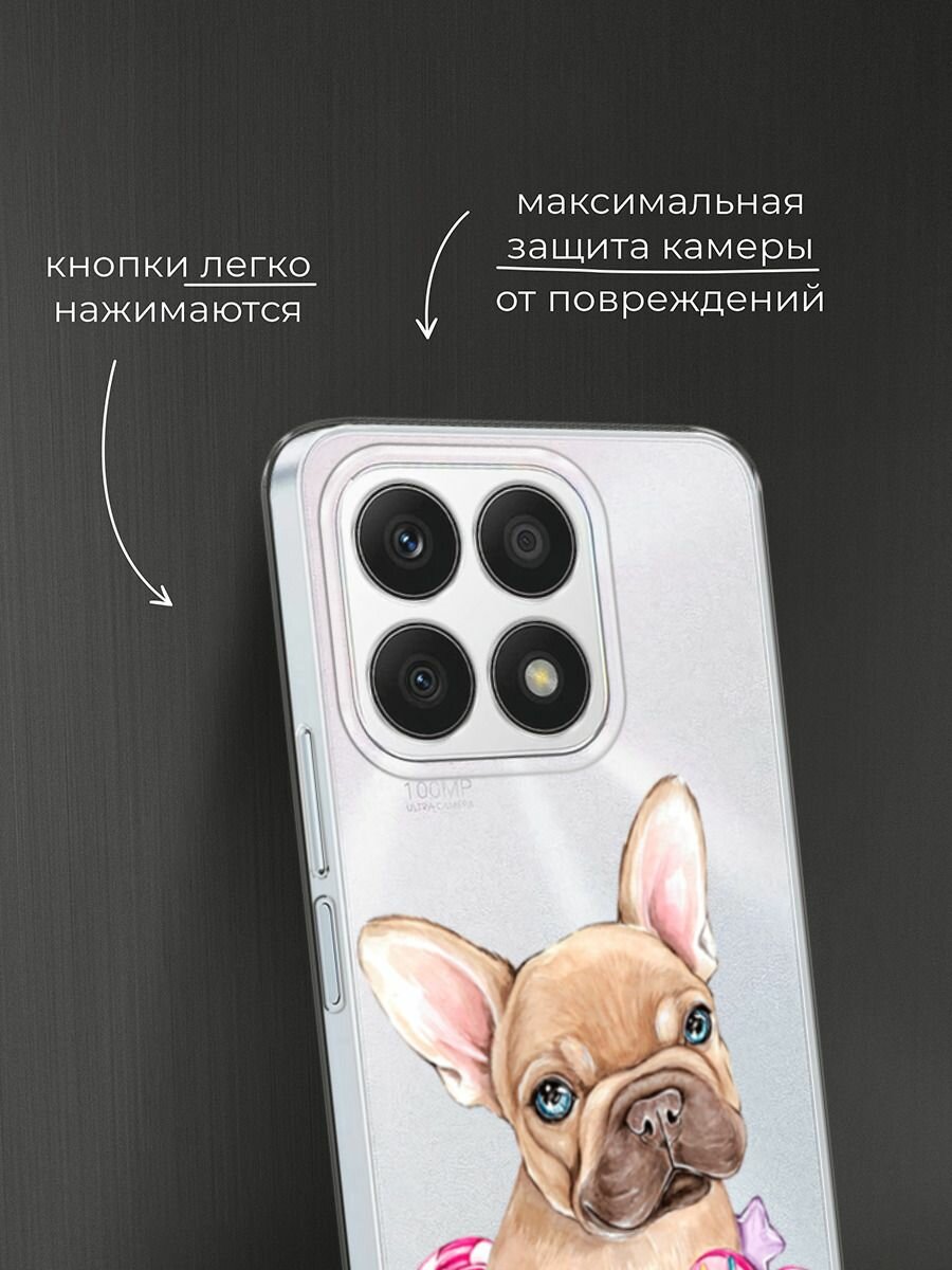Чехол на Honor X8A / Хонор X8A с принтом "Бульдог и сладости", прозрачный — фото 1