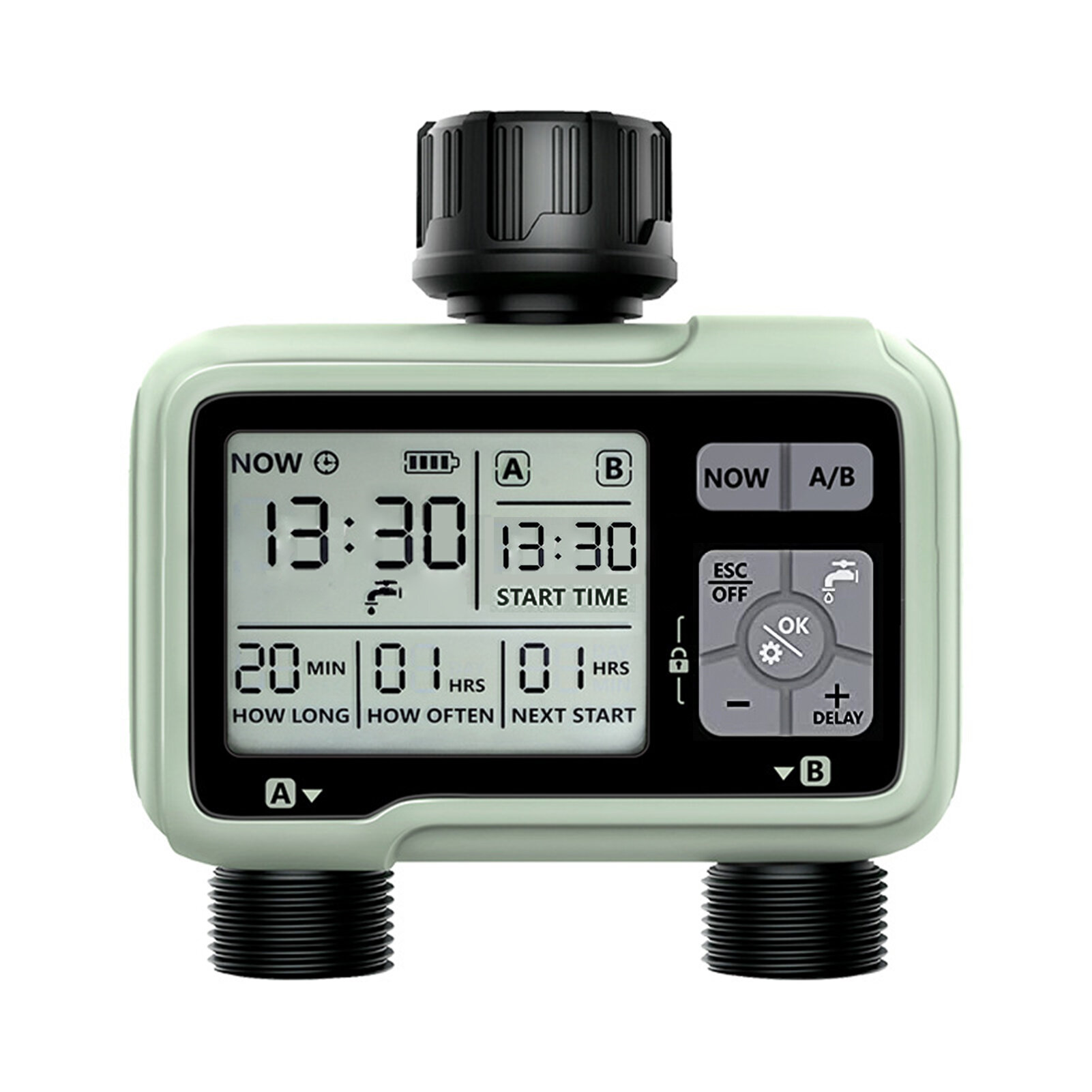 2-Outlet Digital Water Timer IPX5 Waterproof Programmable Garden Sprinkler with Large LCD Display, Model HCT-326, Item Size 120*55*122mm, Net Weight 410g, Power Supply 2×1.5V AA Alkaline Battery, Working Temperature 1-45℃, Water Inlet 3/4" Internal