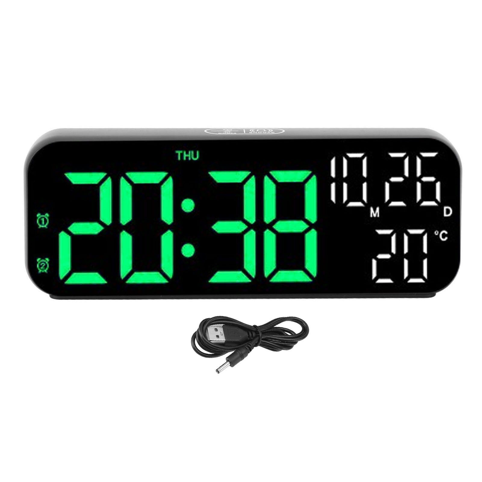 Digital Clock Dual Display Voice Control 3 Adjustable Brightness Date Temp Countdown LED Electronic Alarm Black Green Lamp