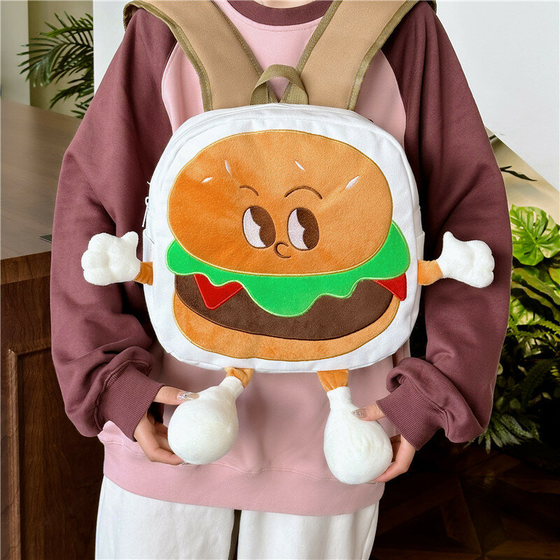 Cartoon hamburger canvas backpack with breathable back system for teens and women