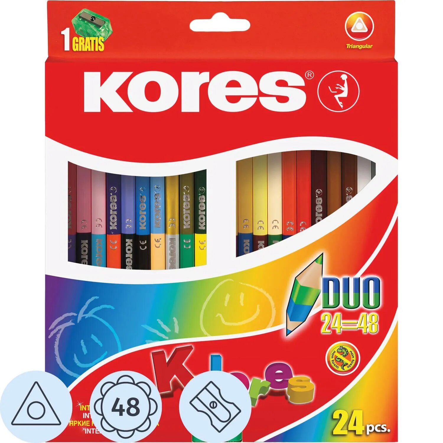 Карандаши цветные 48цв 24шт 3-гран, двустор с точилкой Kores 93224.