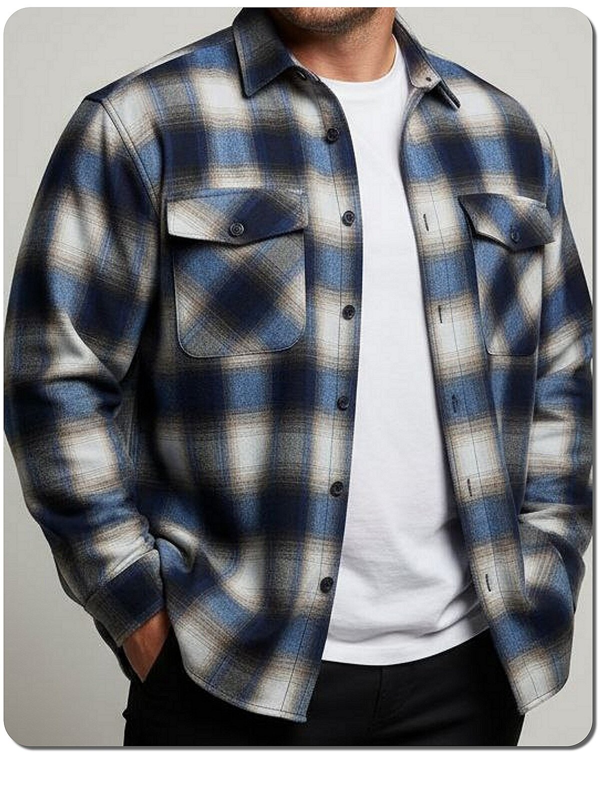 Рубашка Мужская рубашка с длинным рукавом прямая классическая, светлая сорочка на пуговицах, рубаха на любой сезон, разноцветная клетка, с двумя карманами и клапанами, с подкладом теплая рубашка