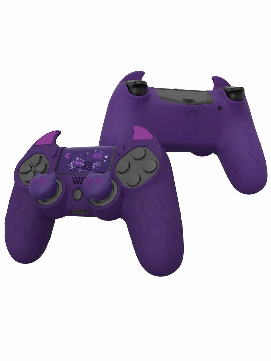PlayVital Чехол для геймпада PS4 Cute Demon с насадками на стики и наклейками, силиконовый антискользящий защитный чехол для PS4 Slim/Pro, фиолетовый