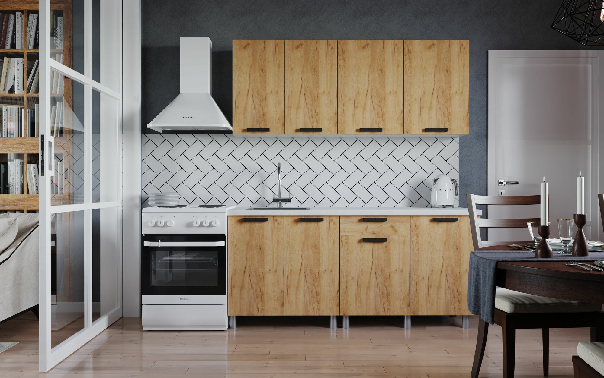 Кухонный гарнитур Диор (Корпус: 1,8 м белый + Фасад: "Диор" 1,8 м Дуб Крафт Золотой) (Микон)