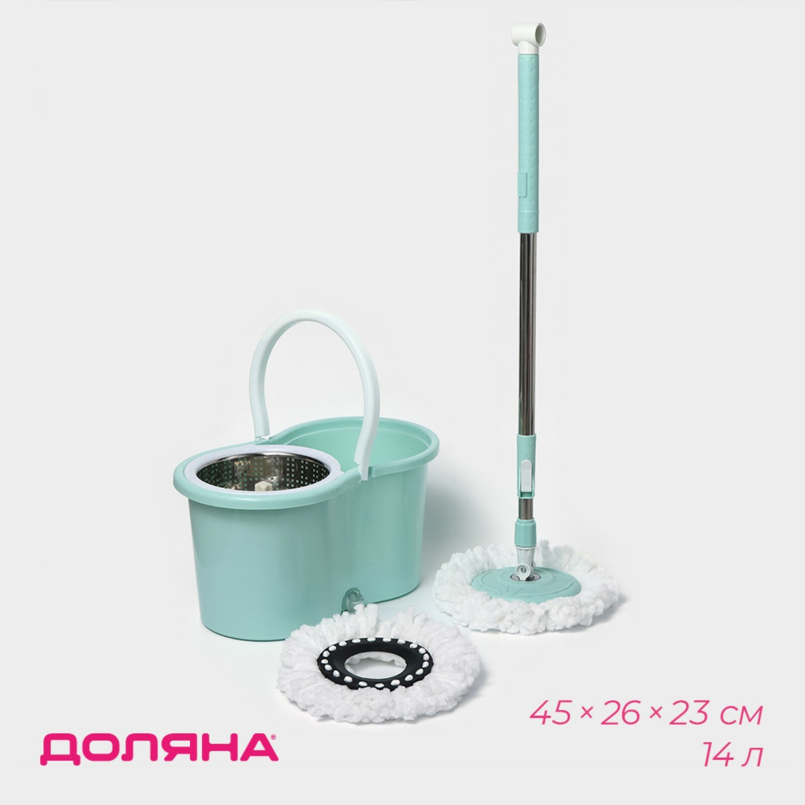 Швабра с отжимом и ведро с металлической центрифугой Доляна, 14 л, запасная насадка из микрофибры, колёсики, цвет микс
