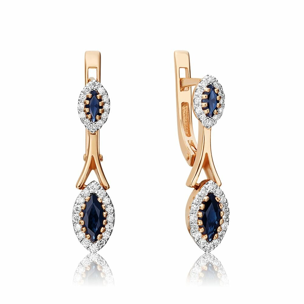 Серьги, красное золото, 585 проба, бриллиант, сапфир