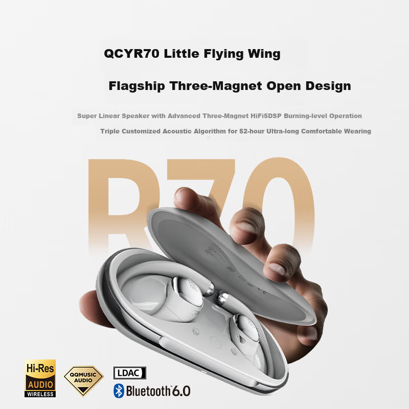 QCY R70 Open-Ear Bone Conduction Concept Wireless Bluetooth Earphones for Sports Running, Midnight Black