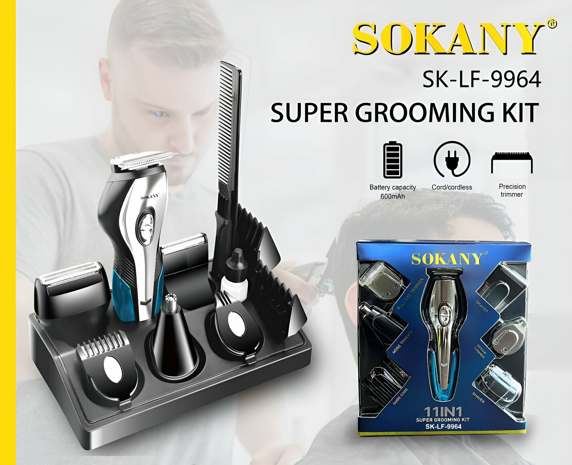 Универсальный набор для стрижки SOKANY SK-LF-9964 с 10 насадками, USB-зарядкой и бритвой для волос, бороды, носа и ушей.