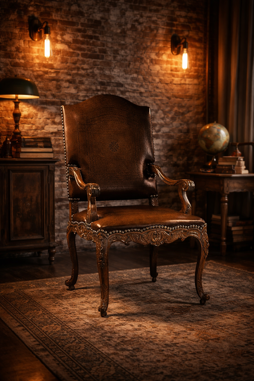 Кожаное кресло "Old England" бренда Theodore Alexander из натурального дерева, ручная резьба, винтажный стиль XVIII века