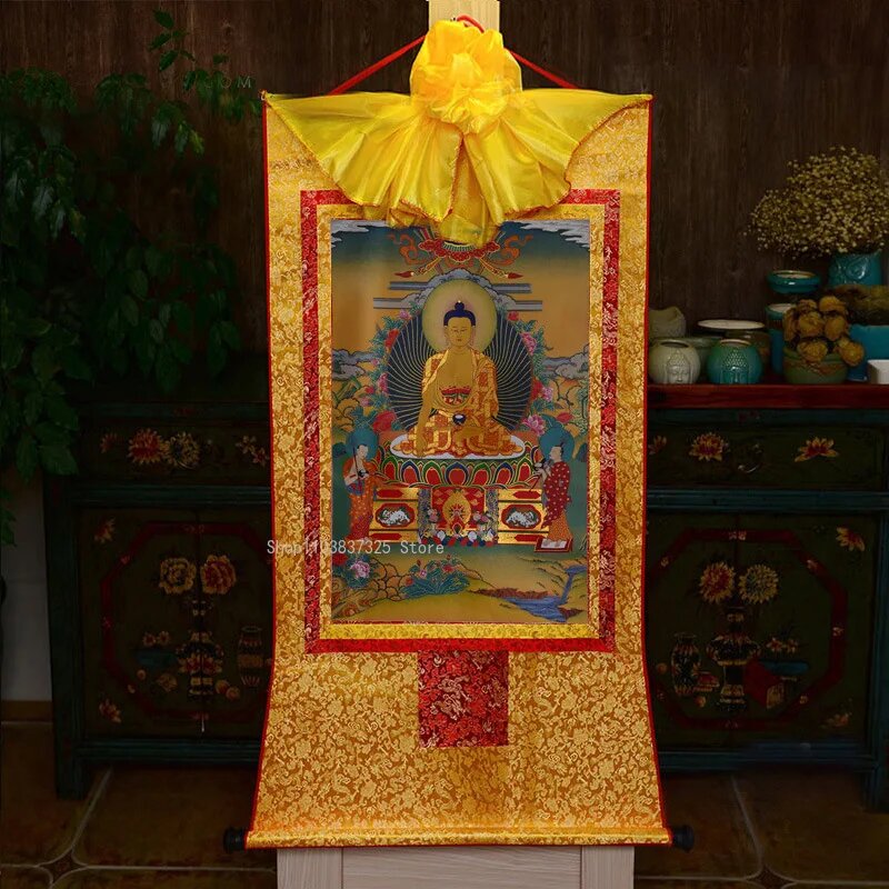 Тибетская тканевая картина желтого цвета Shakya Buddha-03