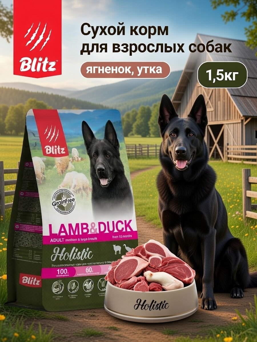 Сухой корм с ягненком и уткой Blitz Holistic Lamb & Duck для взрослых собак средних и крупных пород 1,5 кг