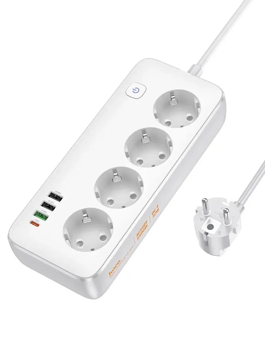 Сетевой фильтр Hoco AC22, 1.5 м, 3*USB-A (1*QC18W), 1*USB-C (PD30W), 4*розетки 220V (2500W), белый / с быстрой зарядкой