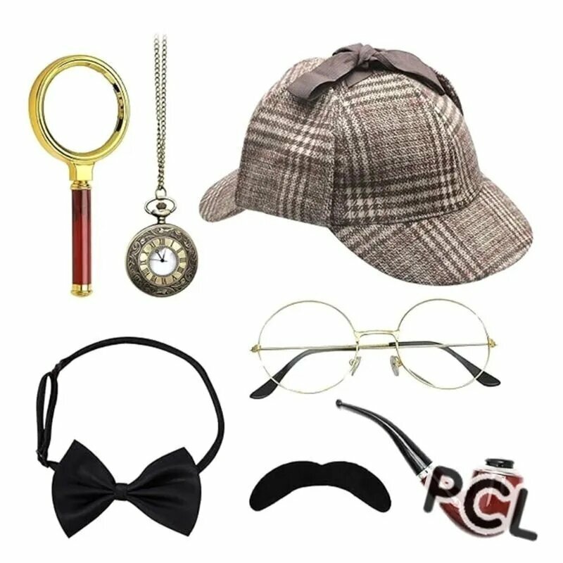 (1 комплект) шляпа в стиле ретро 1920-х годов, мужская шляпа-цилиндр для вечеринки, кофейная сетка, увеличительное стекло, набор из 7 предметов