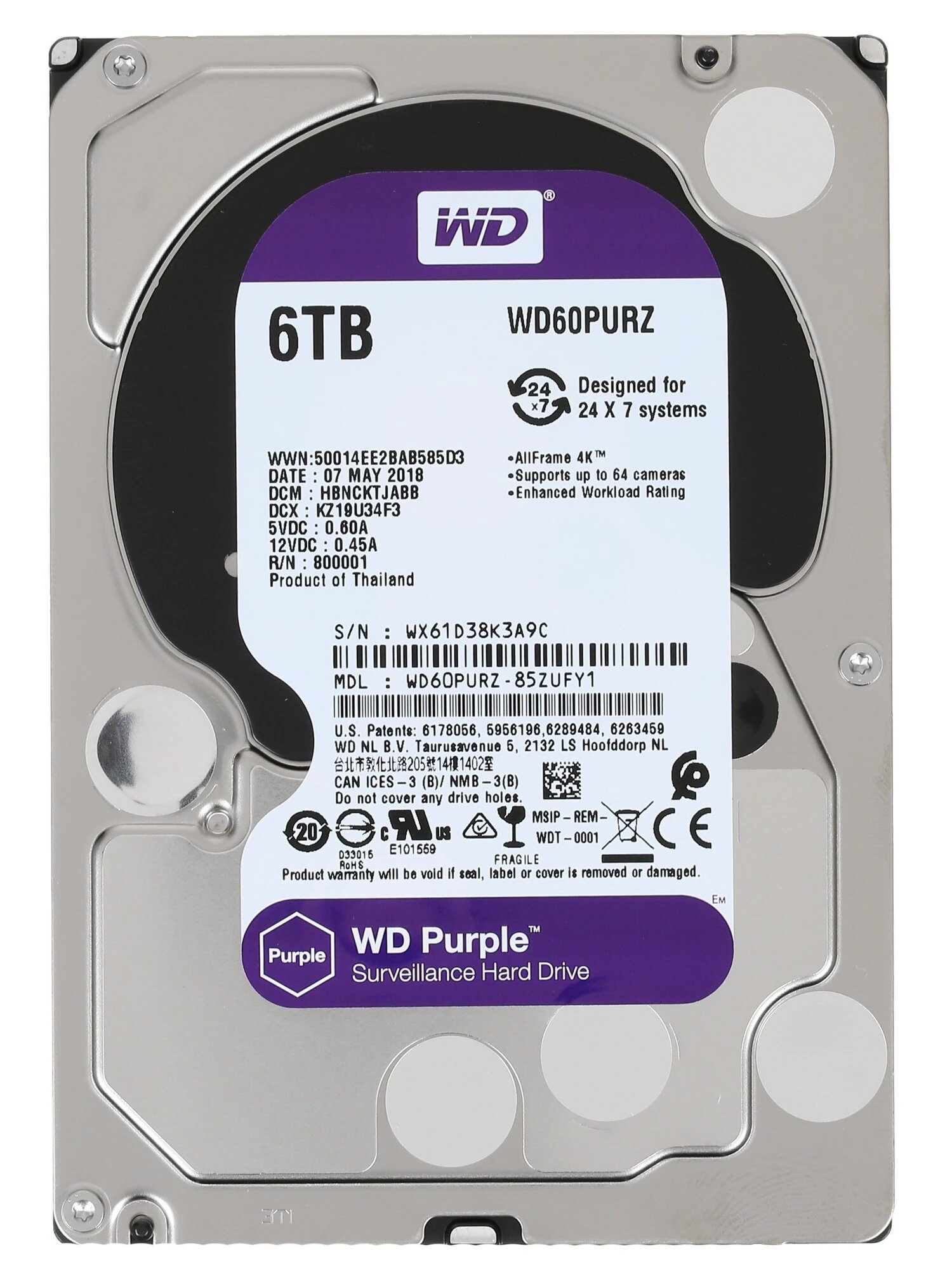 6 ТБ Жесткий диск Western Digital WD Purple WD60PURZ, HDD, SATA III, 3.5"