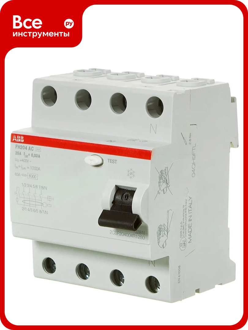 Выключатель дифференциального тока ABB УЗО 4п 25А 30мА FH204 АС 2CSF204004R1250