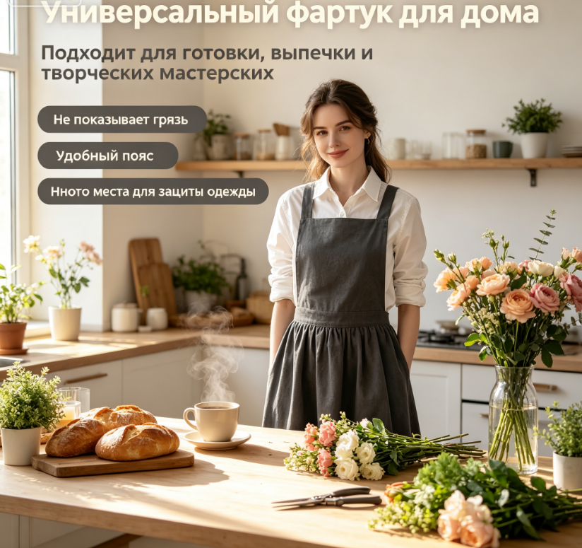 Длинный фартук с лямками и разрезом сзади, пояс с завязкой, большие карманы, для выпечки, цветочного салона, кухни