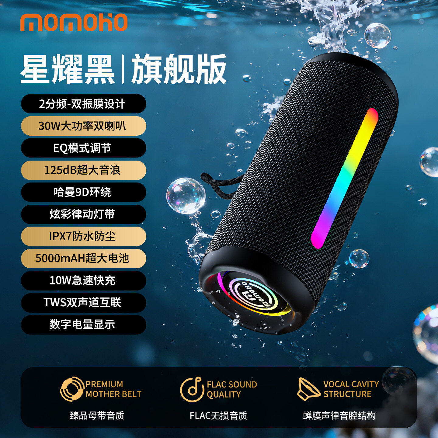 Многоцветная портативная Bluetooth-колонка с двумя динамиками, водонепроницаемая, для велосипеда и ванной комнаты, с эффектом калейдоскопа и сабвуфером.