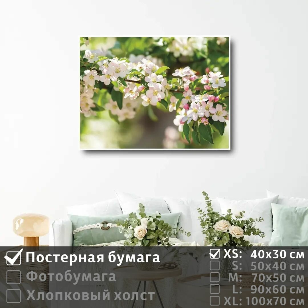 Постер на стену Весенняя Ветка Яблони 40х30 см ПолиЦентр