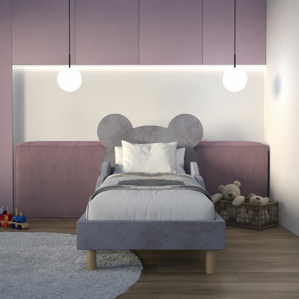 Детская кровать с ушками мягкая на ножках Миша 120x190 цвет Серый