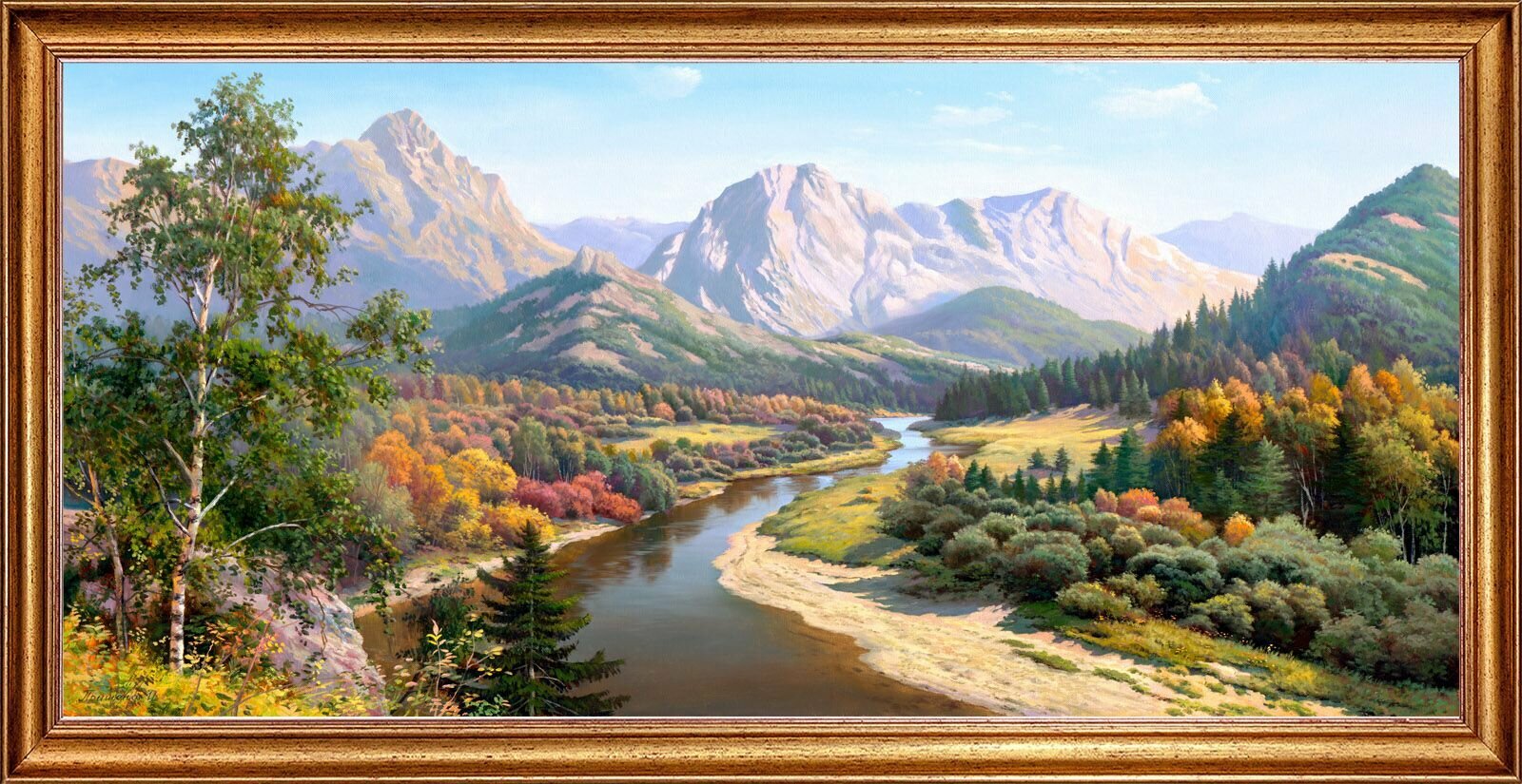 Картина, "Осень в горах", 33х70 см, художник - Прищепа И. оформлена в багет, Арт. ПИ16-33х70