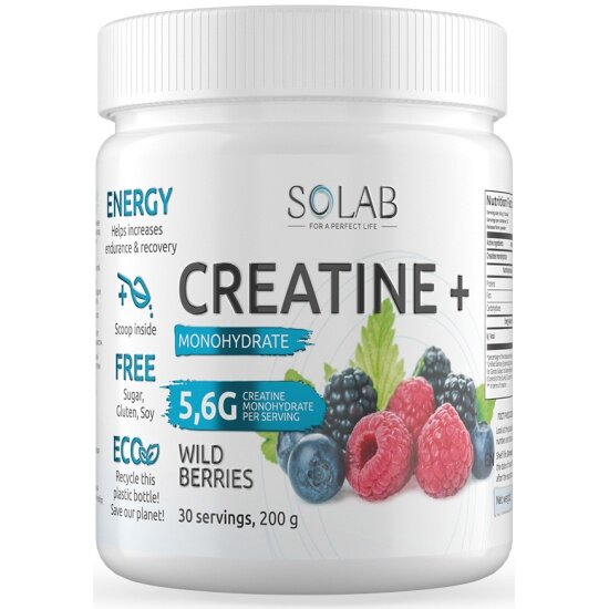 Креатин Solab БАД моногидрат, Лесные Ягоды, Банка 200 гр. 30 порций. бад