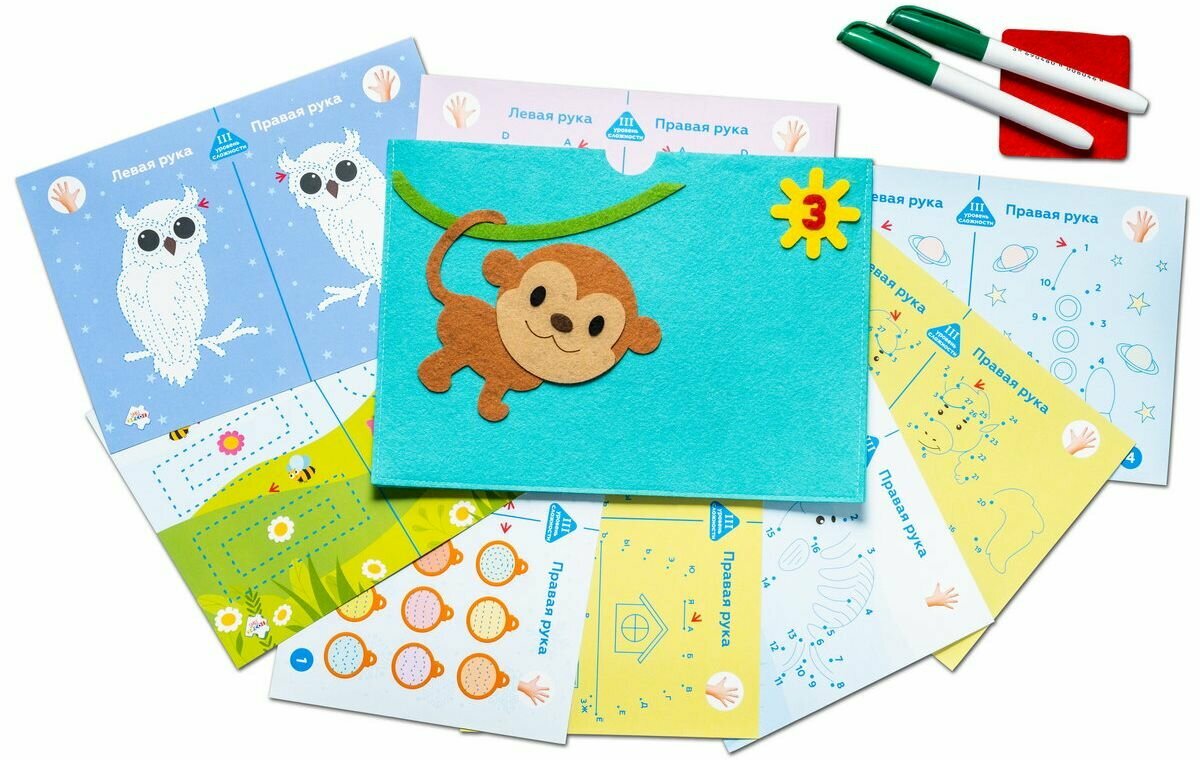 Набор карточек для рисования двумя руками Smile Decor "Обезьянка" (уровень 3), обучающая игра, трафареты для развития межполушарного взаимодействия у детей + 2 маркера