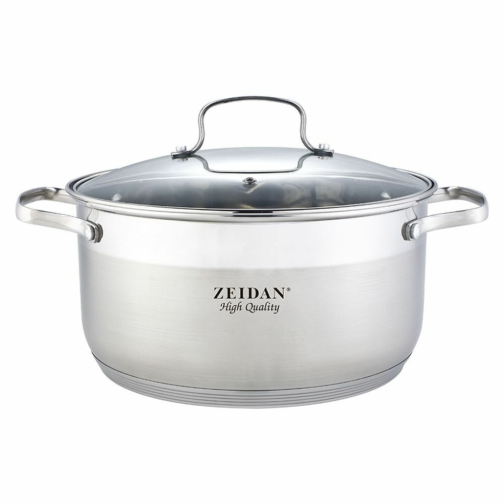 Кастрюля 9.2 л нержавеющая сталь со стеклянной крышкой, для индукционных плит Zeidan Brown, нержавейка с толстым дном 9.2 литра для газовой плиты
