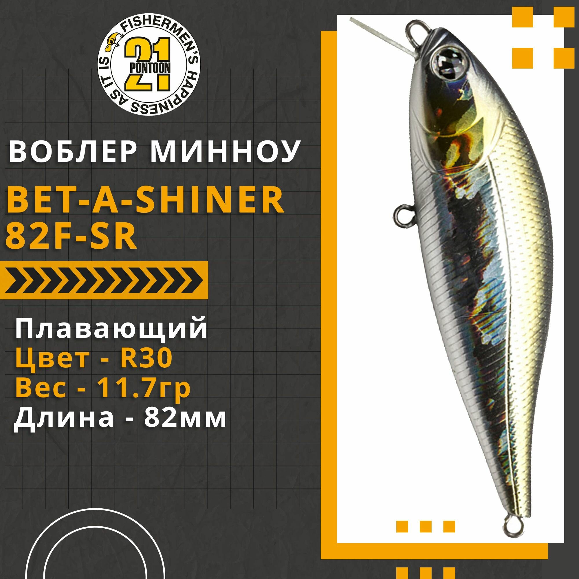 Воблер для рыбалки Pontoon21 Bet-A-Shiner 82F-SR, 82мм, 11.7 гр, 0.1-0.3 м, цвет R30