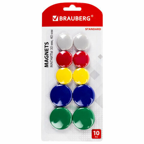 Магниты BRAUBERG "STANDARD", набор 30 мм - 6 шт, 40 мм - 4 шт, ассорти, 237471