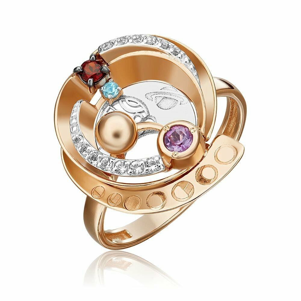 Кольцо, комбинированное золото, 585 проба, родирование, гранат, аметист, топаз