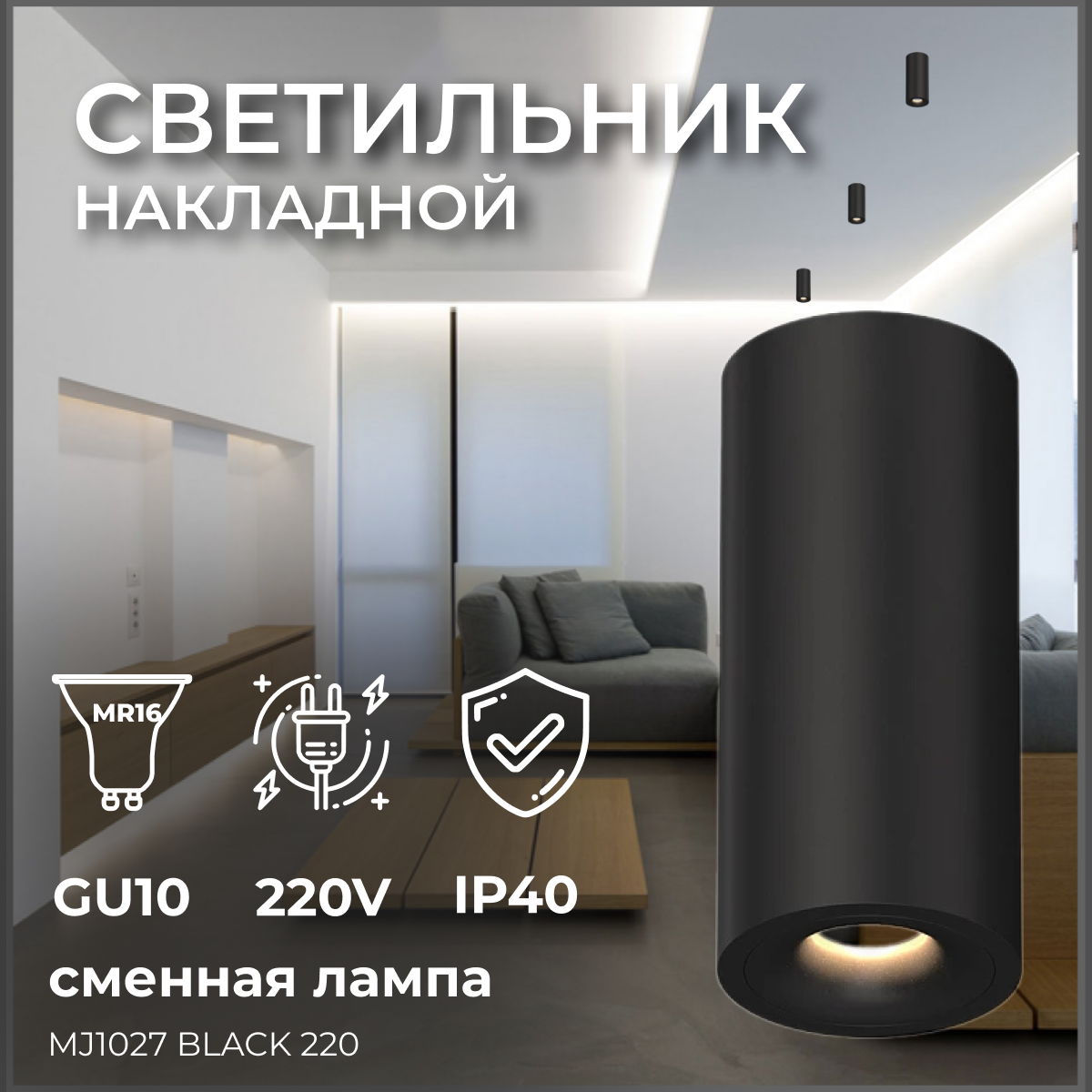 Накладной светильник/спот под сменную лампу Ledron MJ1027 Black 220