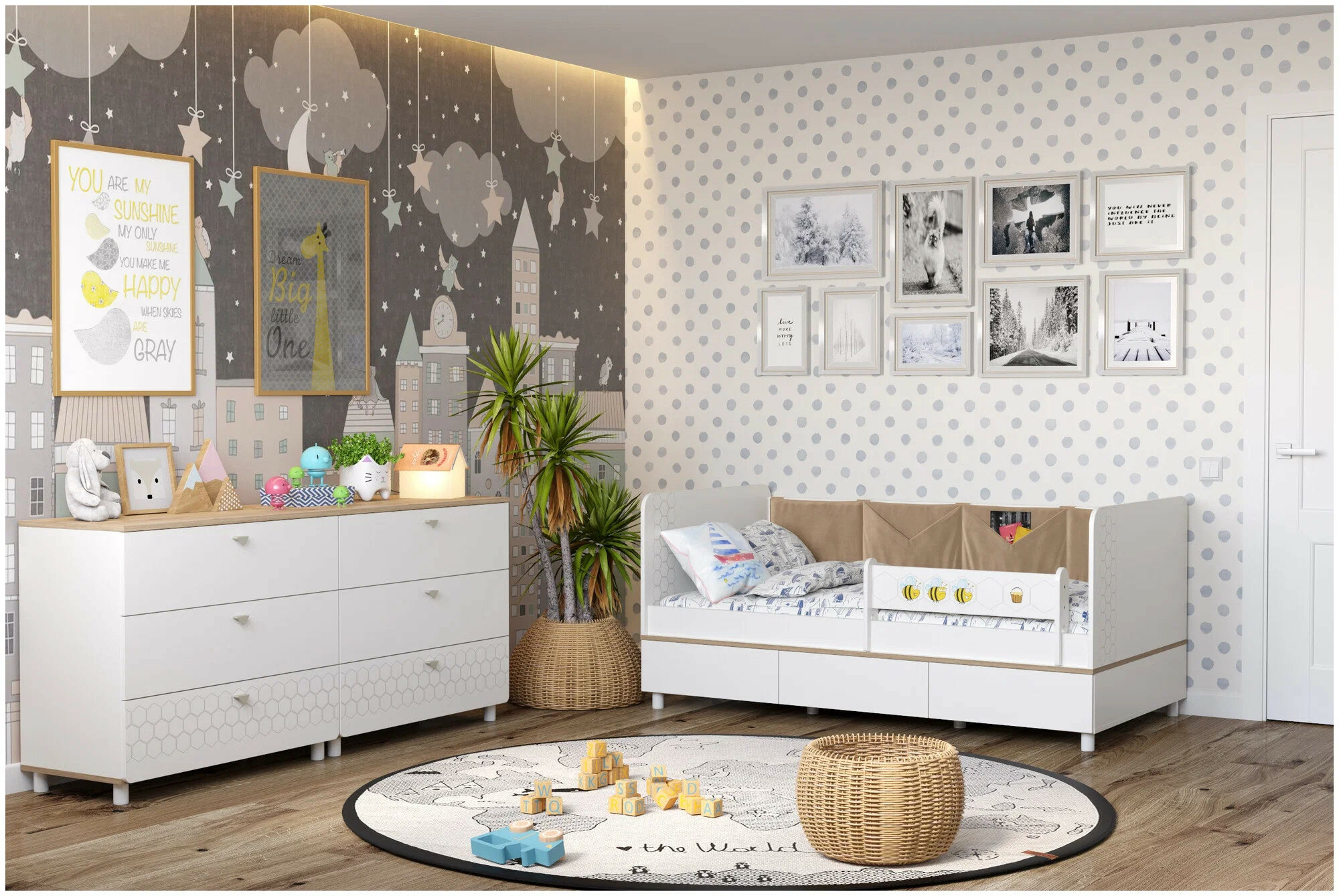 Детская мебель Эйп №4 (кровать с тремя ящиками + два комода) цвет белый/дуб белый