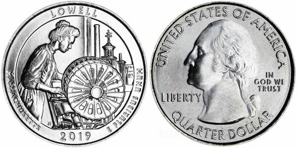США 25 центов 2019 Квотеры Парки США 46 - Национальный исторический парк Лоуэлл