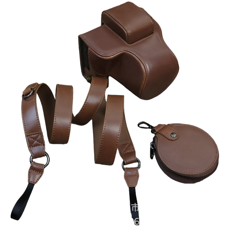 Сумка-кожух-футляр MyPads Estuche из импортной кожи для фотоаппарата Canon EOS R50 коричневого цвета