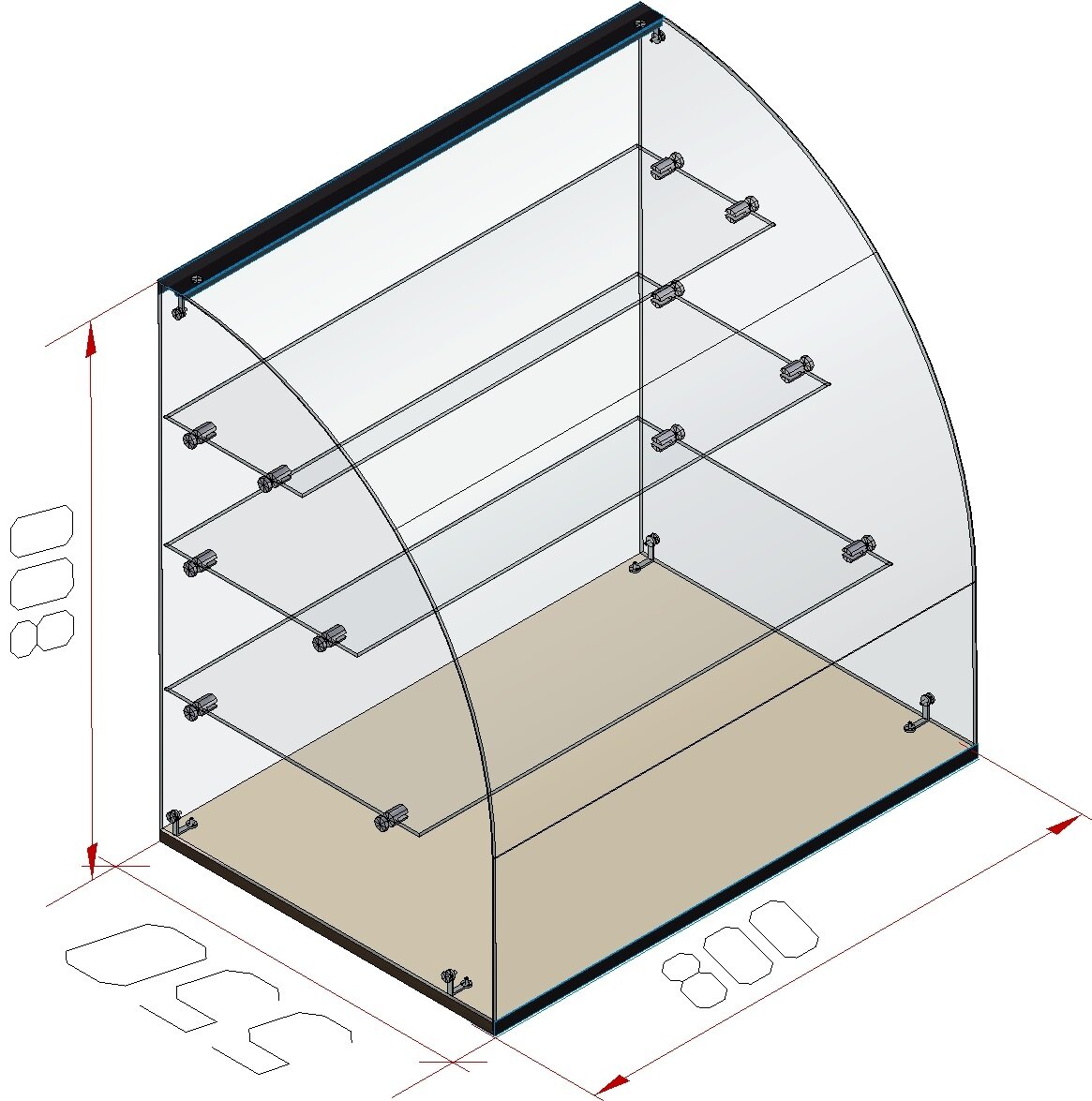 Витрина стеклянная настольная кондитерская для выпечки глубина 55 см. длина 80 см. высота 80 см. 3 полки