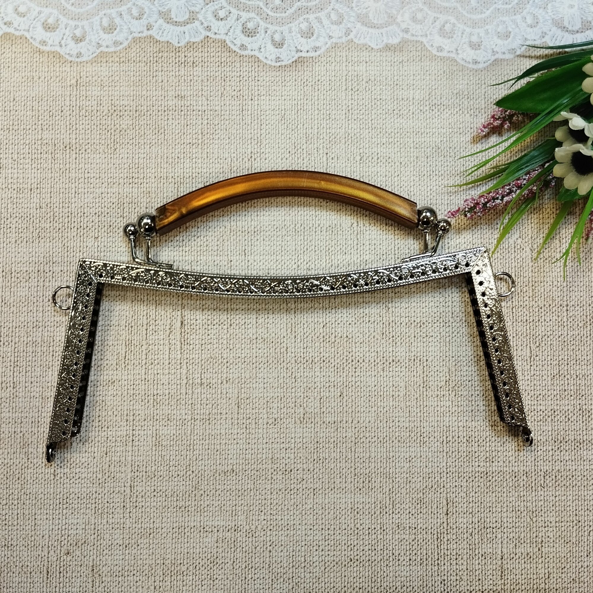 Фермуар для сумки с пластиковой ручкой, 21см, цвет серебро