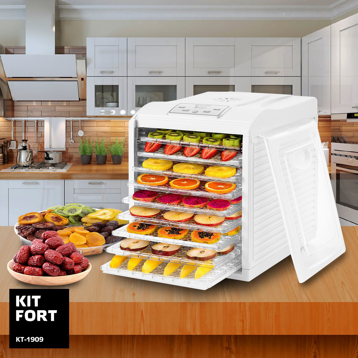 Сушилка Kitfort "КТ-1909", конвекционная, 9 уровней, приготовление пастилы, белая