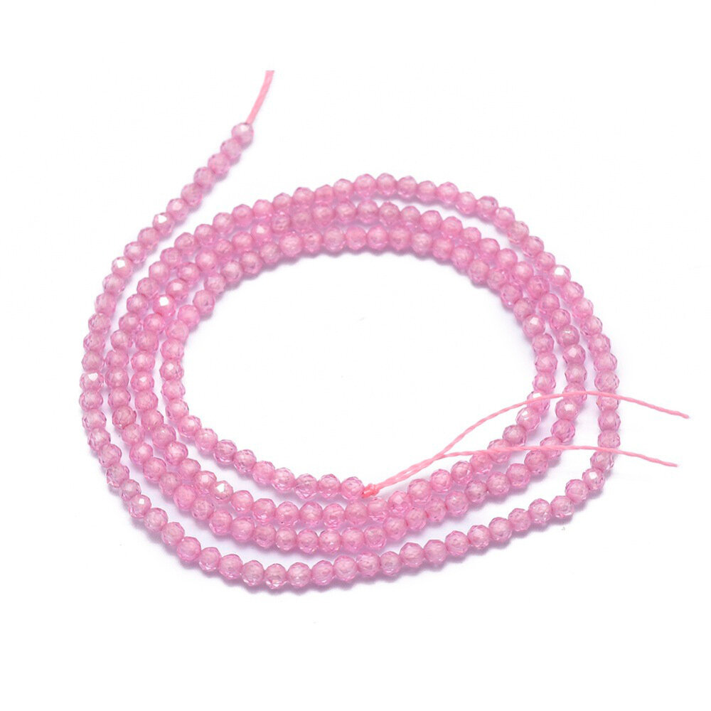 Бусины каменные, фианит, розовый, 2-2.5мм, граненый, 160-180 шт, низка