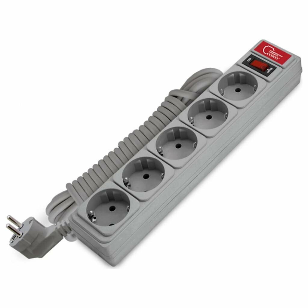 Сетевой фильтр СОЮЗ 5 гнезд, 5 м, ПВС, 3х0,75 мм2, с заземлением, 10 А, серый