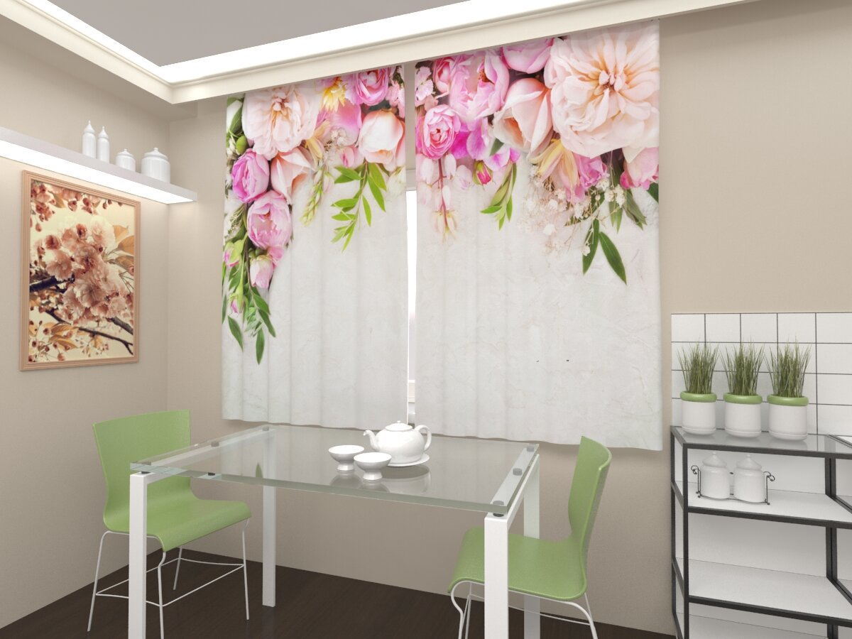 Фотошторы кухонные Арт Паула Воздушные пионы 1 Габардин В: 150 см Ш: 2*70 см = 140 см