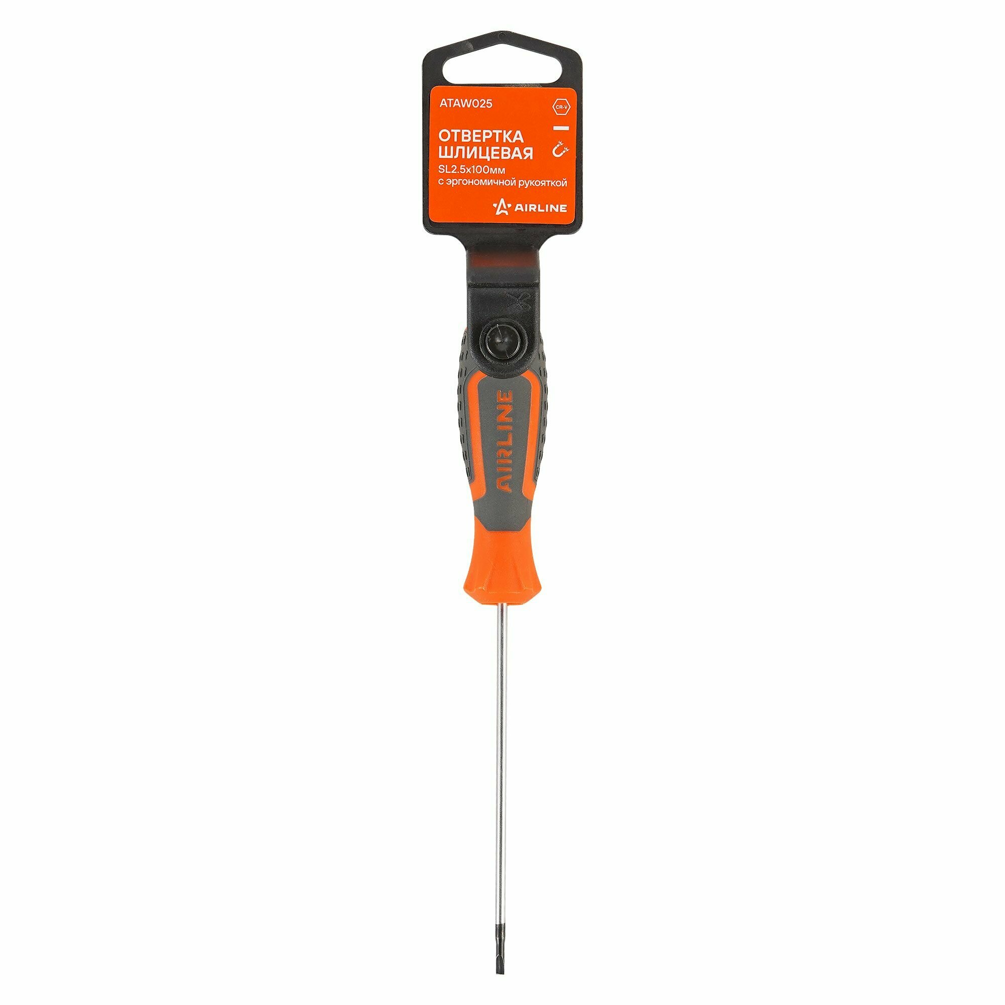 Отвертка шлицевая Airline SL2.5x100 мм с эргономичной рукояткой магнитная, ATAW025