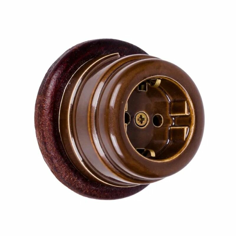 Ретро розетка с/з керамическая, серия карамель, подрозетник вишня, с заземлением, накладная коричневая под винтаж Zion