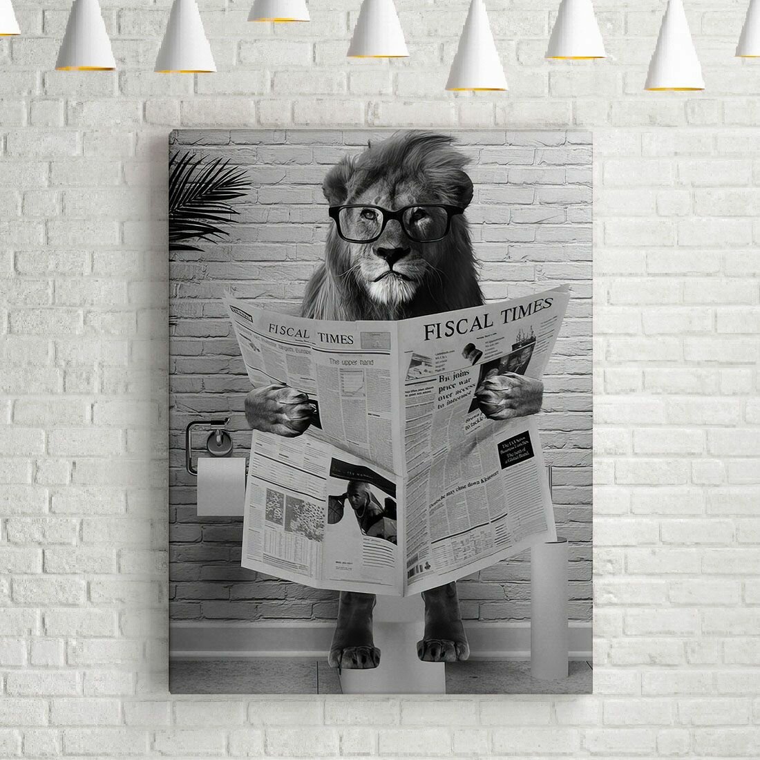 Картина на стену 20х30 Лев с газетой в туалете смешные животные